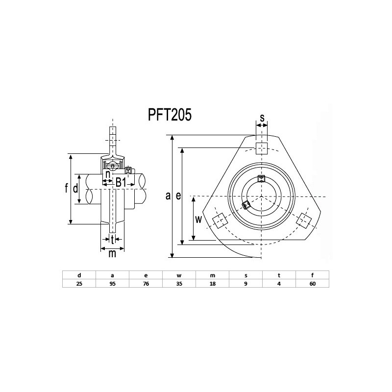 Palier triangle en tôle (sans le roulement) ref PFT205 diamètre d'arbre ...