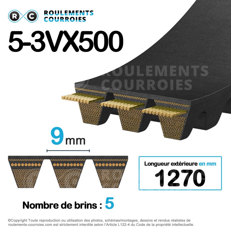 Courroie multibrins crantée ref 5-3VX500 | 50,2 mm | Roulements Courroies