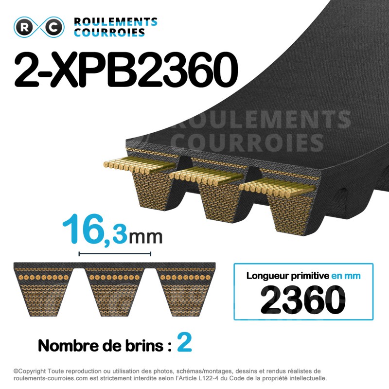 Courroie trapézoïdale multibrins crantée ref 2-XPB2360 | 35,3 mm ...